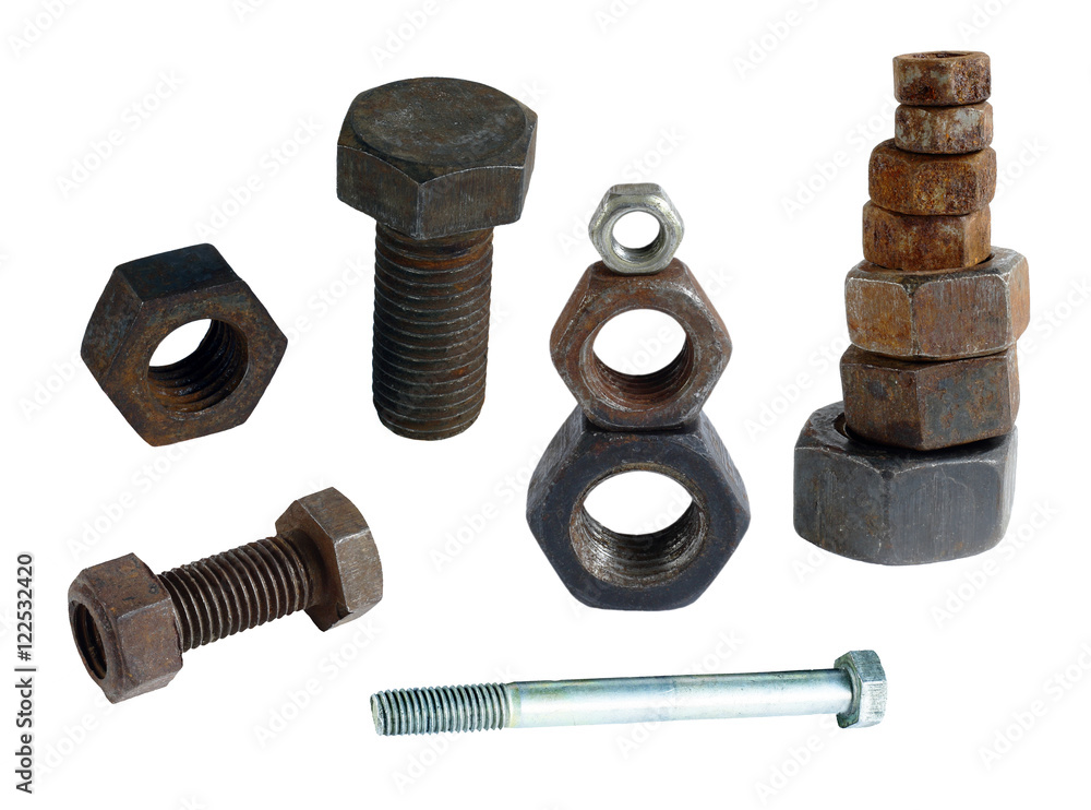 old rusty bolts and nuts with thread and shiny new. isolated on white ...