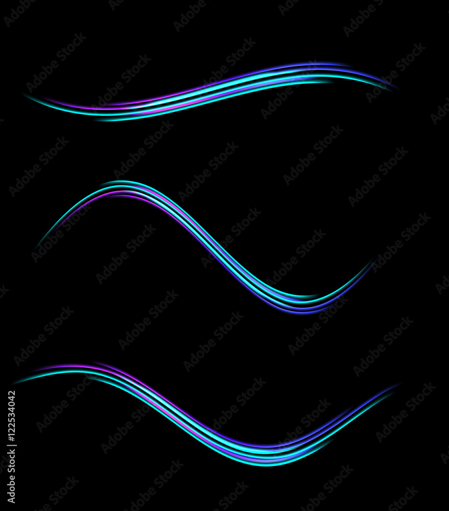Collection of swoosh waves. Light swirl trail trace effect on black ...