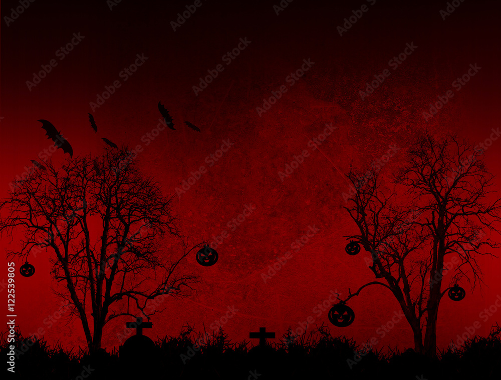 Halloween on dark red background with spooky bats and tomb under died ...