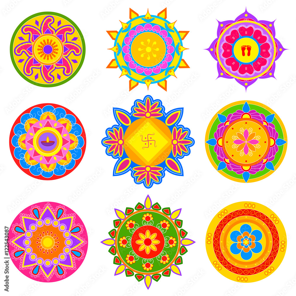 Collection of colorful rangoli pattern for India festival decoration ...