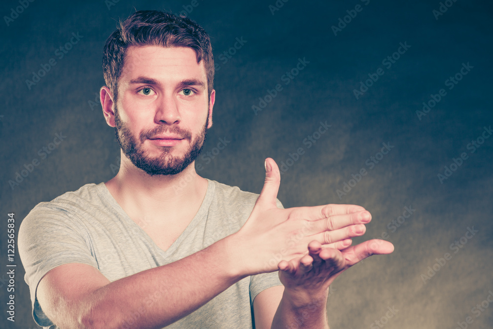 Man show sign with hands Stock Photo | Adobe Stock