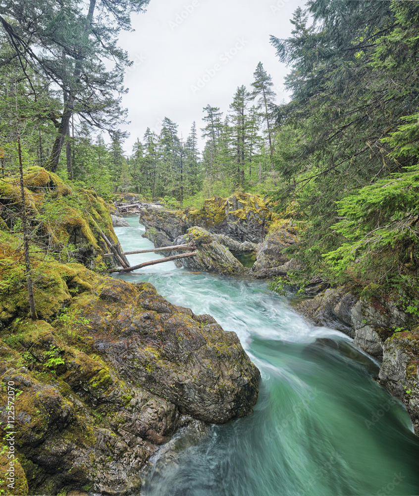 The Little Qualicum Rivers and its aquamarine coloured water flows ...