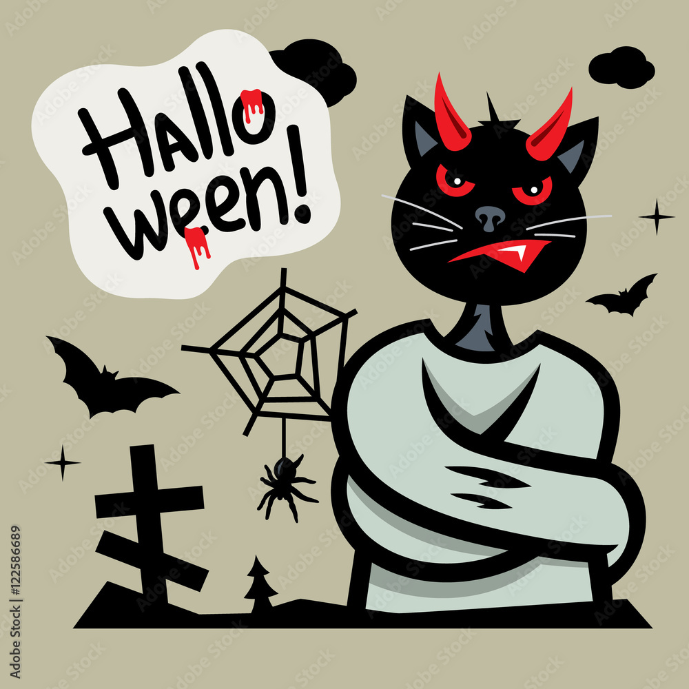 Vector Halloween Devil Cat in straitjacket Cartoon Illustration. Stock ...