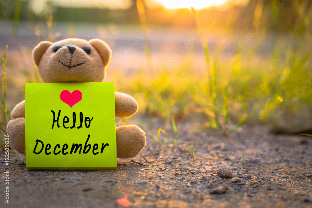 Hello December on sticky note with teddy bear on nature background ...