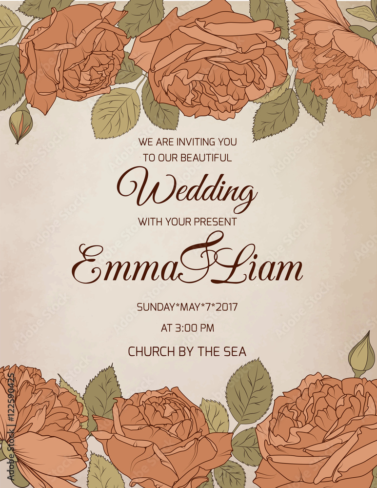 Wedding invitation card template with text placeholder. Spring summer ...