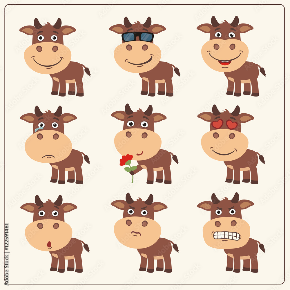 Vector set isolated funny bull. Collection cute bulls in cartoon style ...