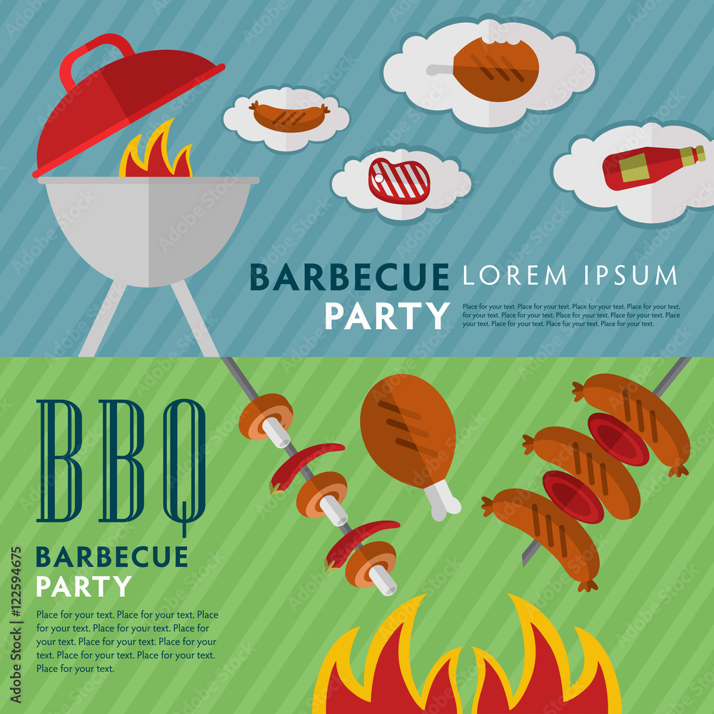 BBQ horizontal banners, vector illustrations. Barbecue banners with ...