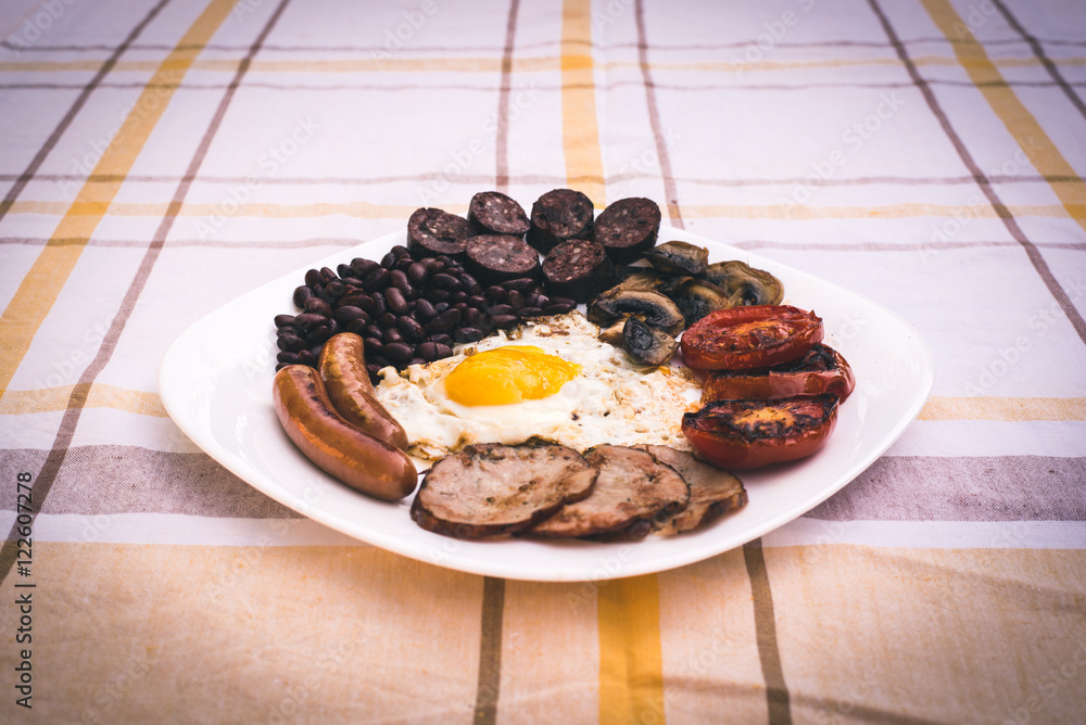 Full English fried breakfast with bacon, egg, sausages, black pudding ...