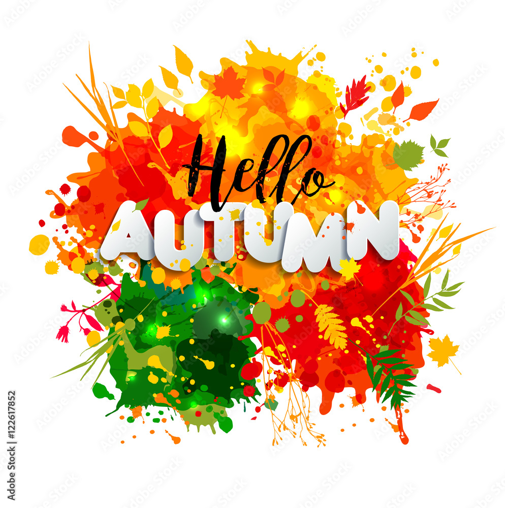 Text Autumn in paper style on multicolor blots background with b Stock ...