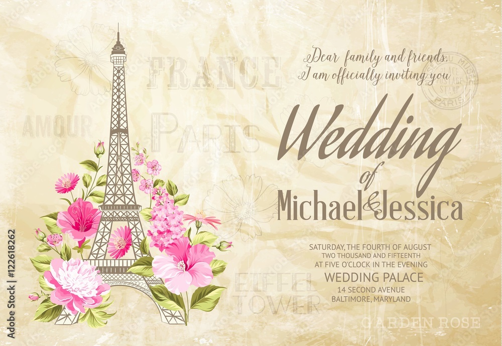 Eiffel tower icon with spring blooming flowers crupled paper texture ...