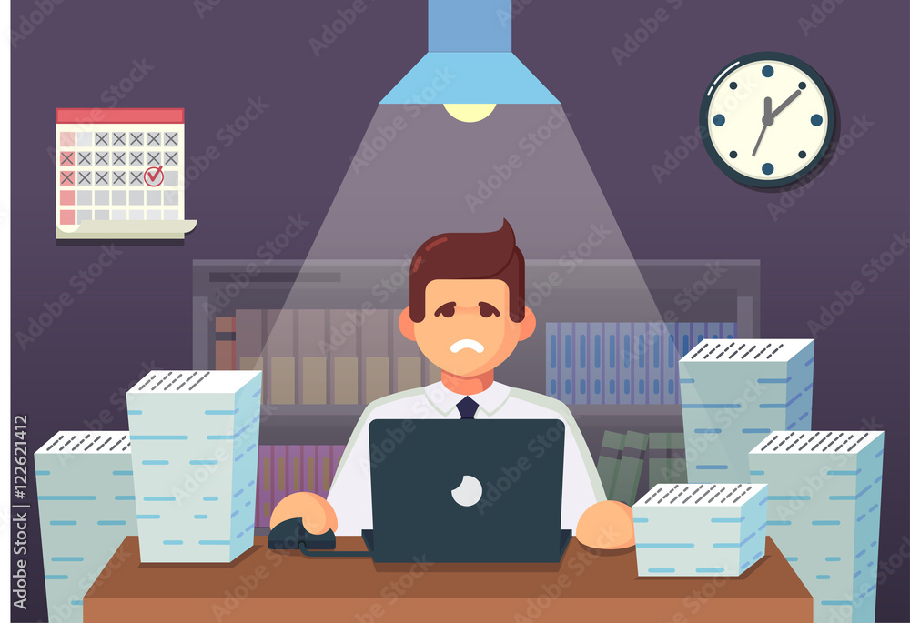 Funny flat Cartoon Character. Tired Office Worker Sitting and Working ...