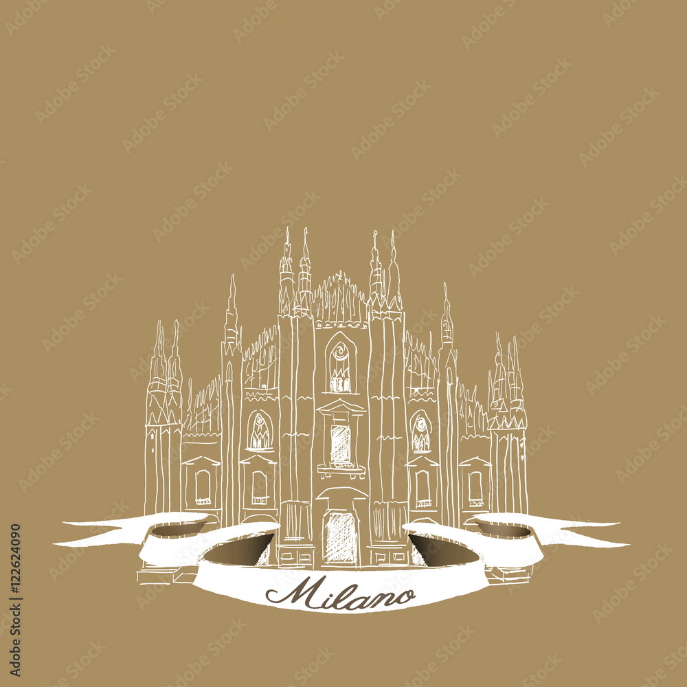White chalk freehand sketch drawing of Italian Cathedral in Milan on ...