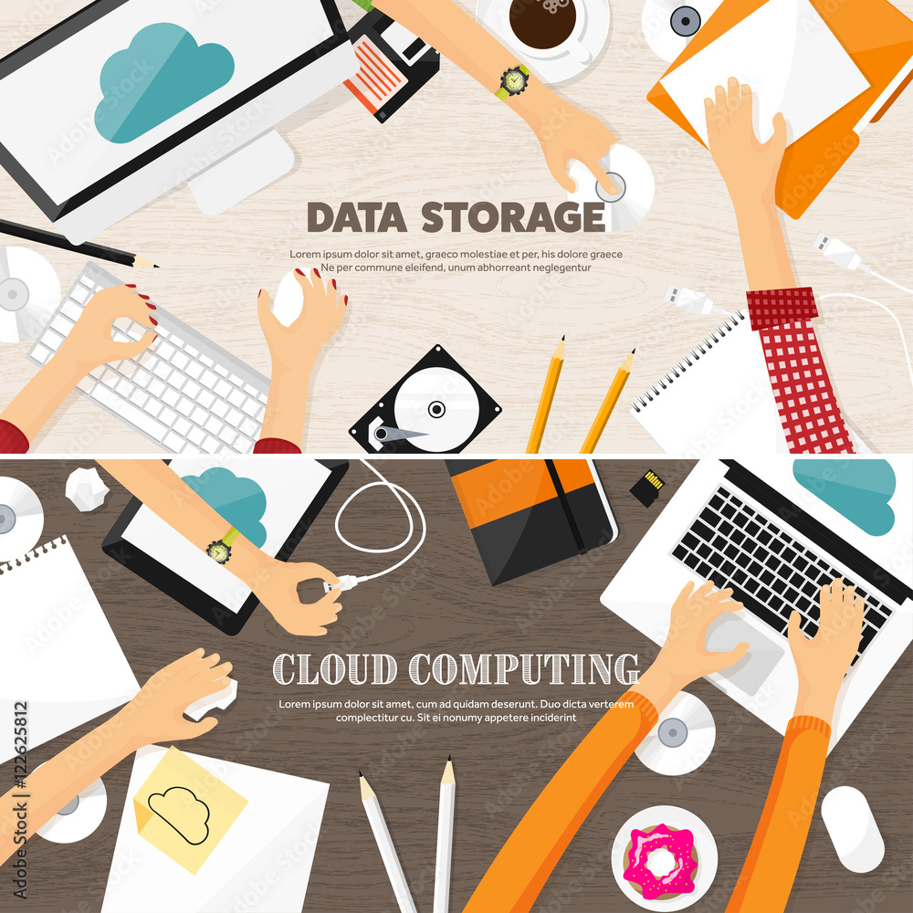 Vector illustration. Workplace, table with documents, computer. Flat ...