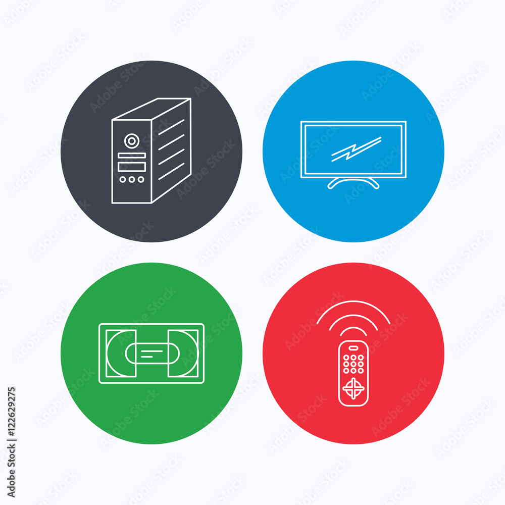 TV remote, VHS cassette and PC case icons. Stock Vector | Adobe Stock