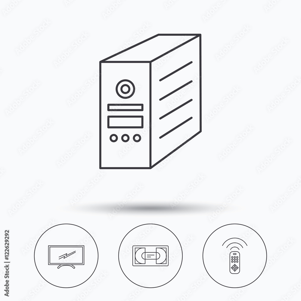 TV remote, VHS cassette and PC case icons. Stock Vector | Adobe Stock