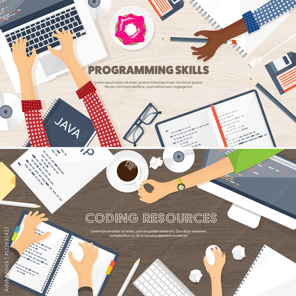 Vecteur Stock Programming,coding. Flat computing background. Code, hardware,software. Web ...