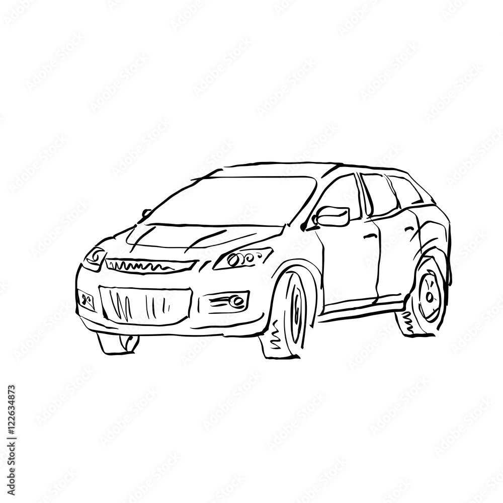 Black and white hand drawn car on white background, illustrated Stock ...