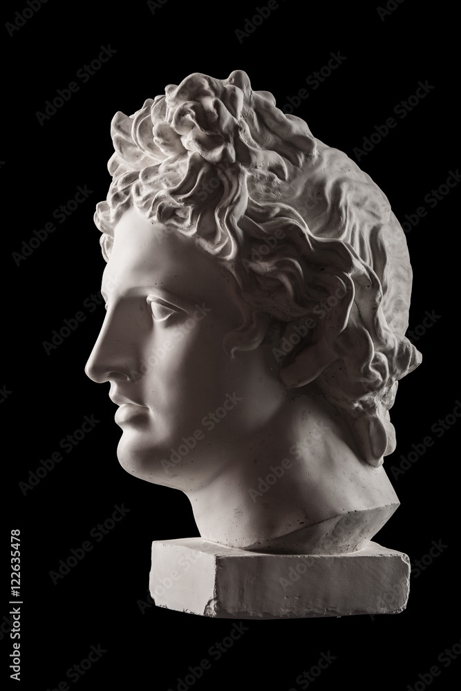 Gypsum statue of Apollo's head on a black background Stock Photo ...