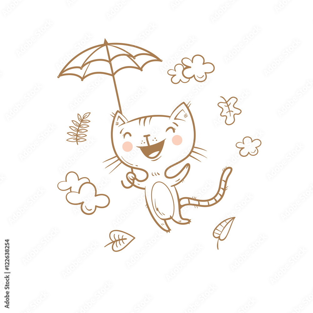Cute cartoon cat under an umbrella. Flying kitten. Autumn season. Windy ...