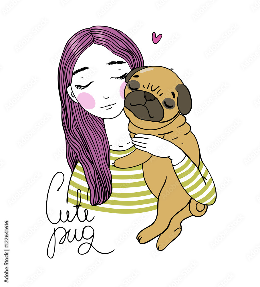 Beautiful young girl and a cute pug. Stock Vector | Adobe Stock