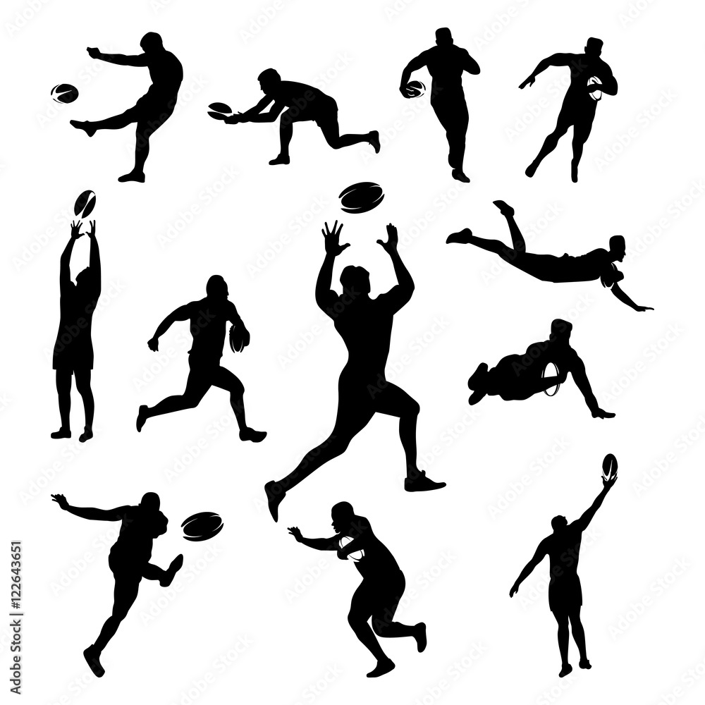 Rugby Male Man Player Different Pose Silhouette Set Stock Vector ...