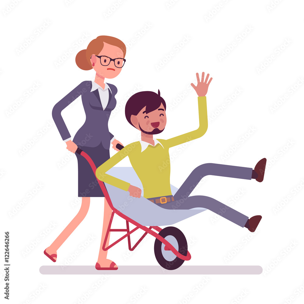 Woman pushing a man in the wheelbarrow. Cartoon vector flat-style ...