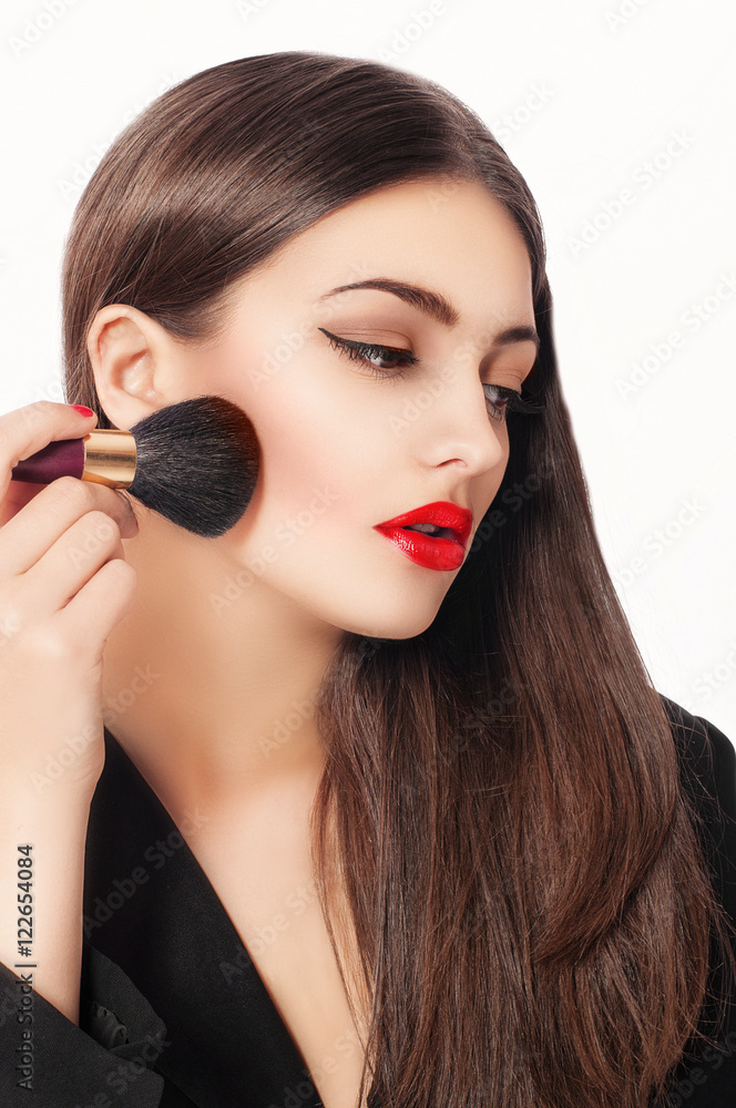 Makeup. Beauty Girl with Make up Brushes. Natural Make-up for Brunette ...