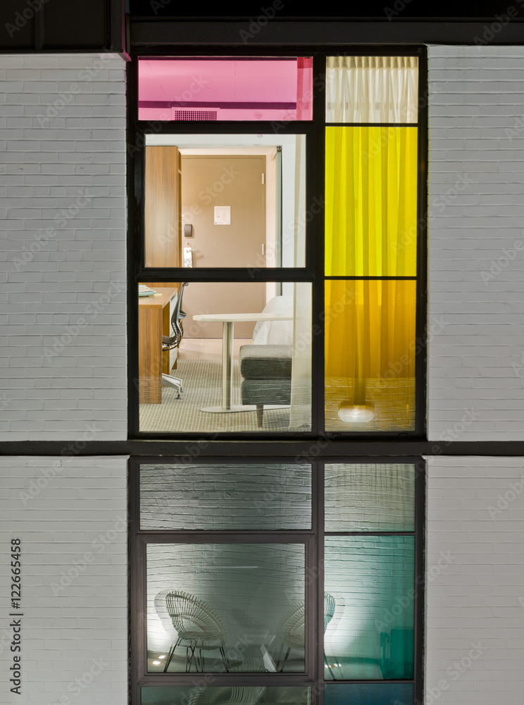 View through stained glass window of hotel room Stock Photo | Adobe Stock