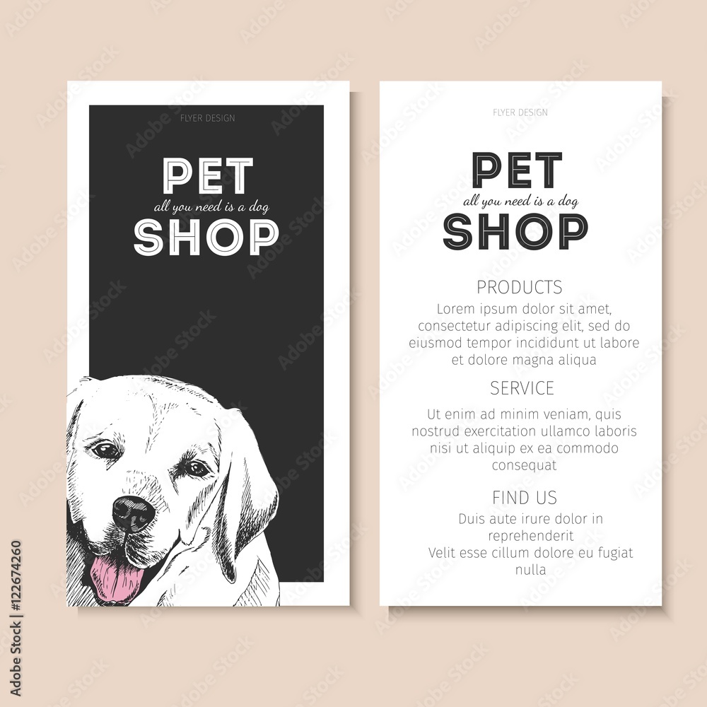 Vector set of pet shop flyers. Dog portrait isolated on black square ...