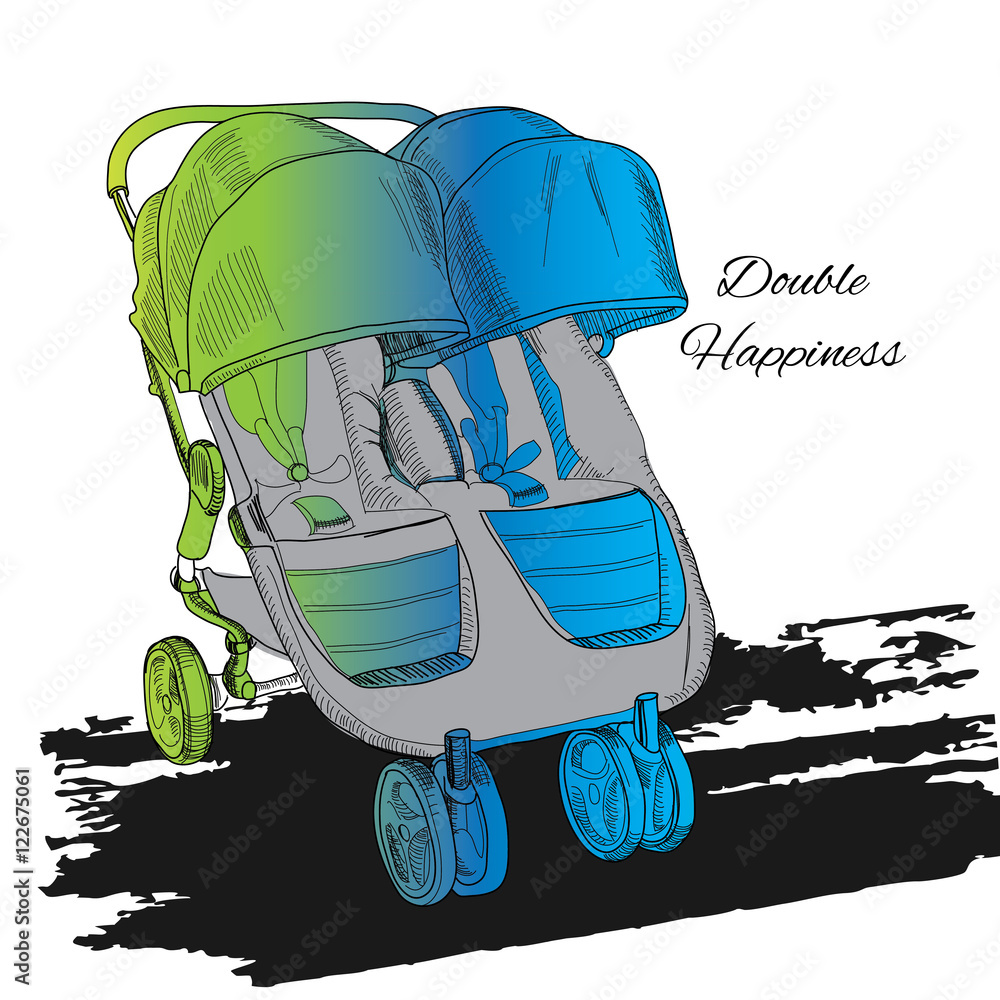 illustration of colorfull Double twin Stroller, Carriage, Pram. Stock ...