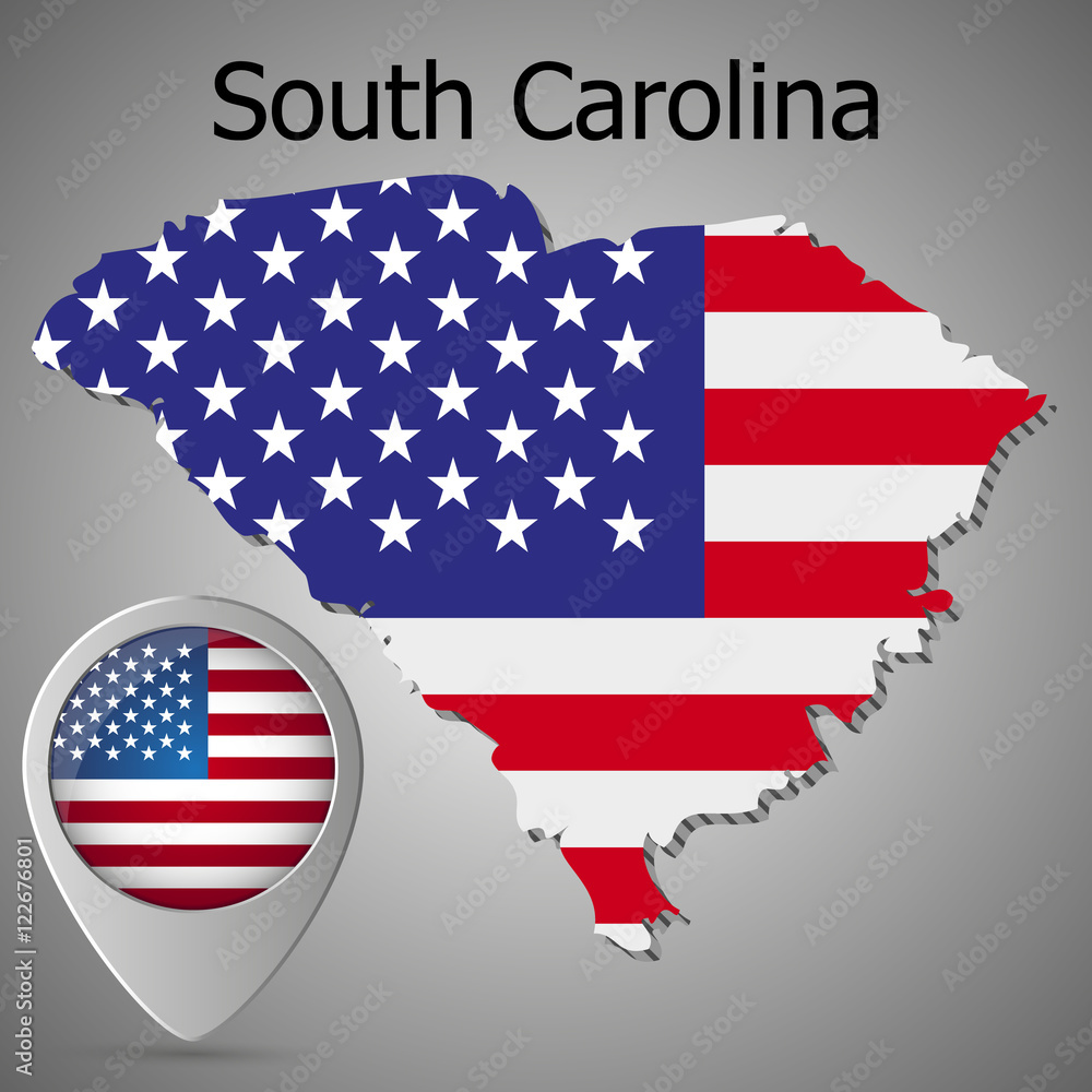 South Carolina State map with US flag inside and Map pointer with ...