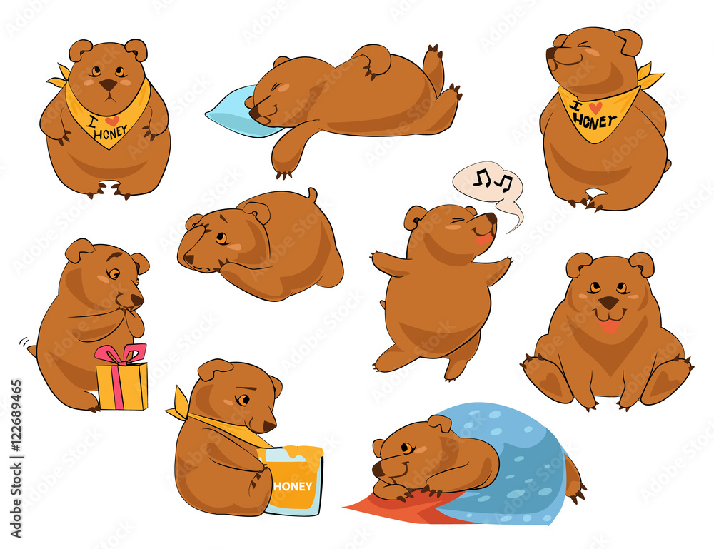 Set of cartoon cute bears in different poses icons isolated on white ...