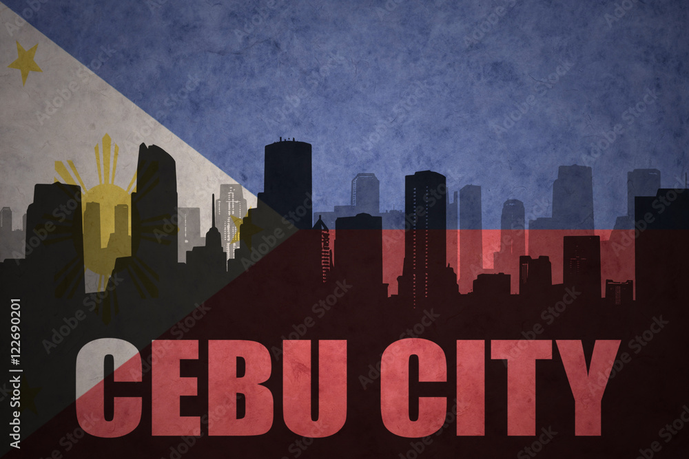 abstract silhouette of the city with text Cebu City at the vintage ...
