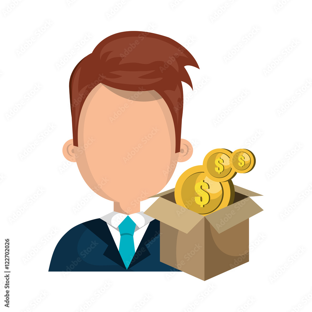avatar man wearing suit and tie with opened carton box with gold money ...