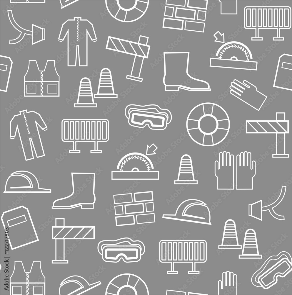 Occupational safety, seamless pattern, gray, white outline. Vector ...