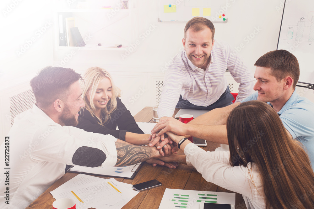 Teamwork and teambuilding concept in office, people connect hand Stock ...
