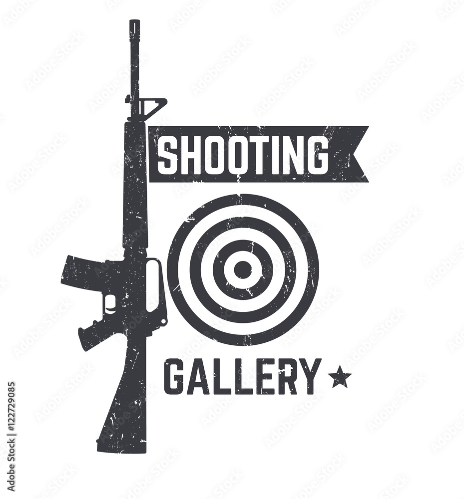 Shooting Gallery logo, sign with automatic rifle over white, texture ...