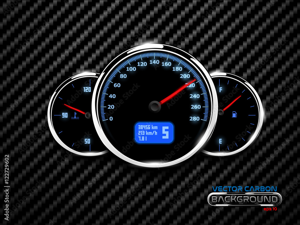 Vector chrome ring speedometer glow on black carbon background. Gas and ...