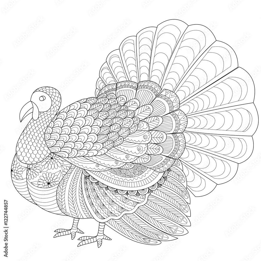 Detailed zentangle turkey for coloring page for adult Stock Vector ...
