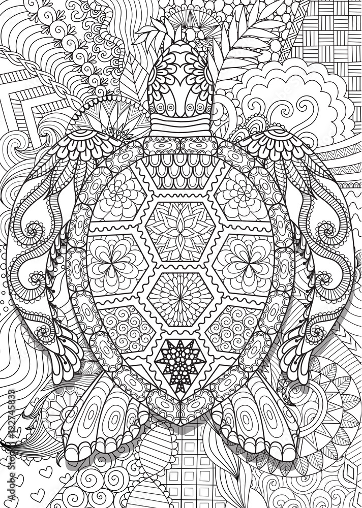 Zendoodle design of sea turtle lying on floral background for adult ...