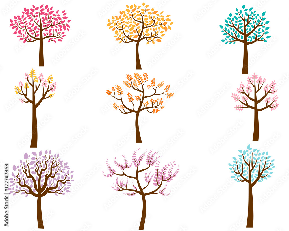 Vector Set of Colorful Cartoon Trees Stock Vector | Adobe Stock