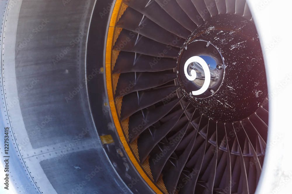 Turbo-jet engine of the plane, close up turbine Stock Photo | Adobe Stock