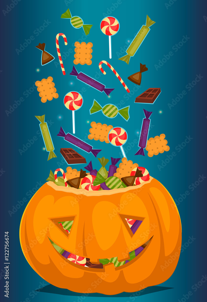 Halloween pumpkin full of candy treats. Cartoon pumpkin. Symbol of ...