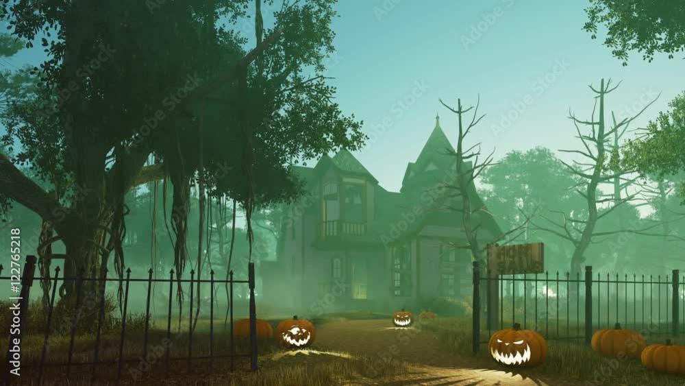 Motion to the porch of abandoned haunted house with carved Halloween ...