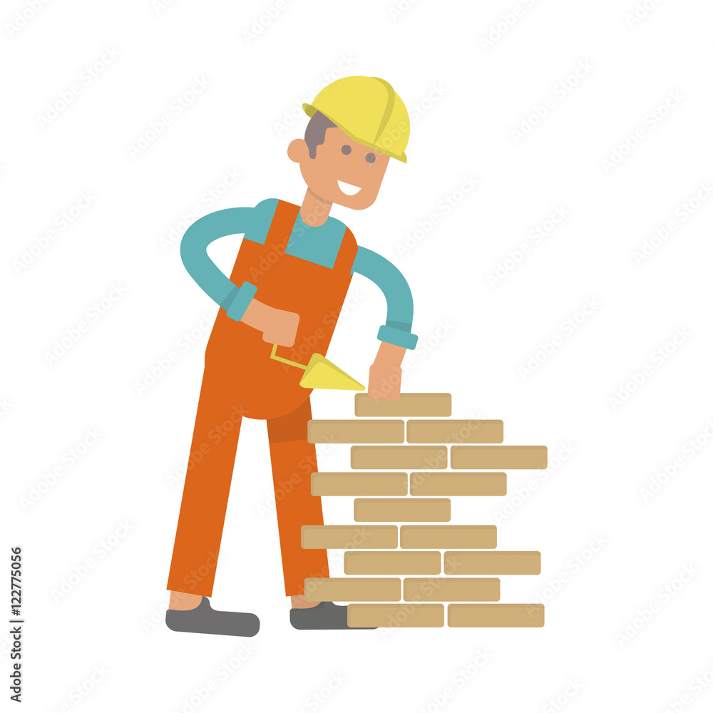 Character construction worker, laborer builds a brick wall. Isolated on ...