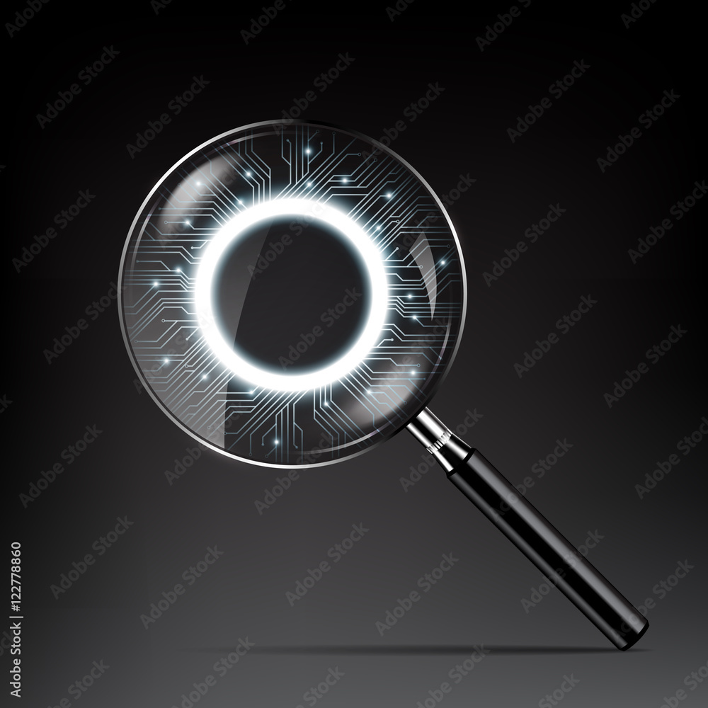 Magnifying glass vector illustration and vector microchip designs, CPU ...