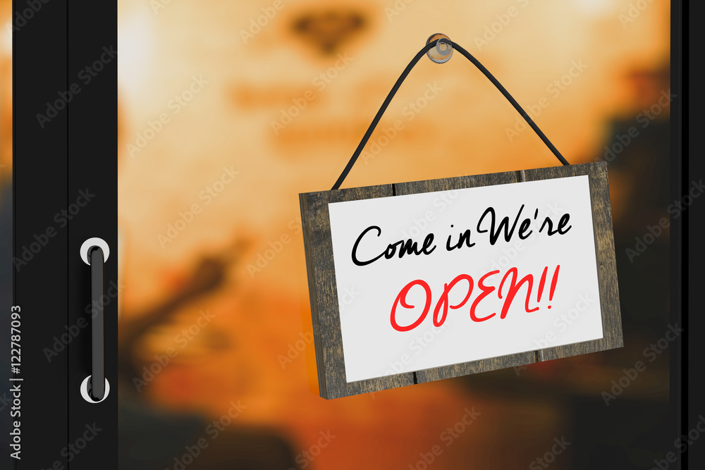 3D Rendering : illustration of Come in were open sign board hanging at ...