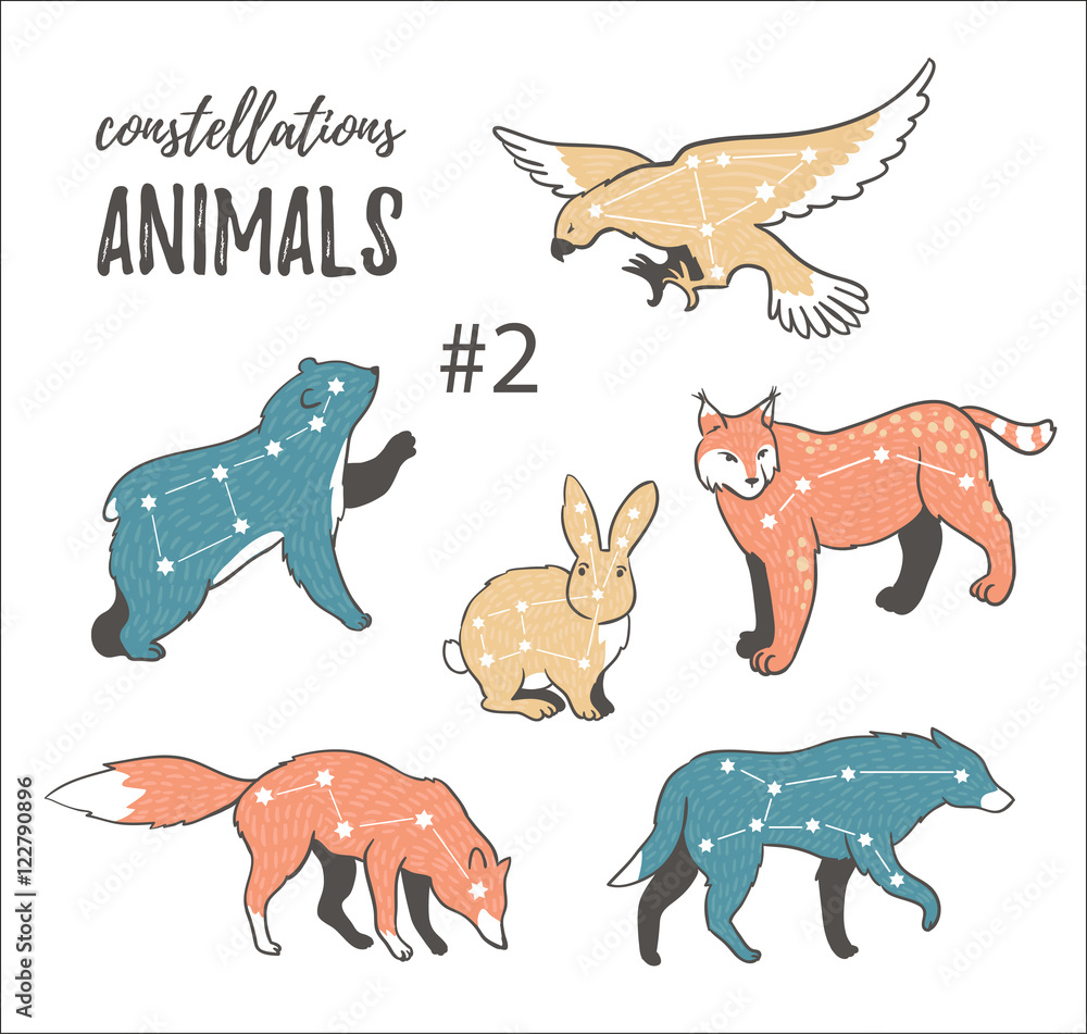 Vector space set with cosmic animals. Hand drawn star animals in ...