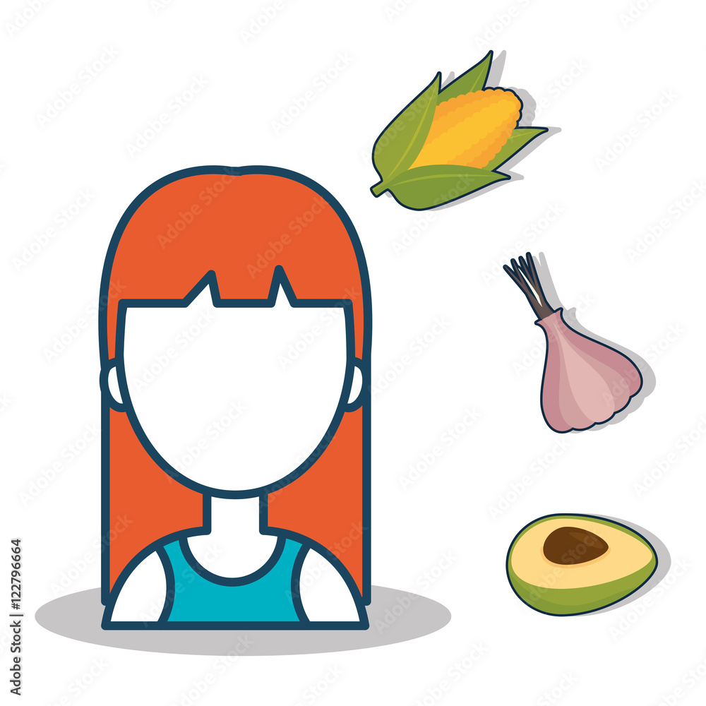 avatar woman with vegetables healthy food icon set. vector illustration ...