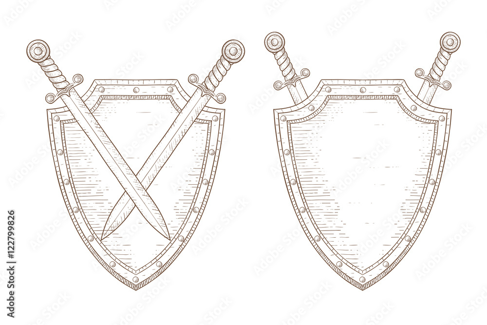 Shield with swords. Hand drawn sketch Stock Vector | Adobe Stock